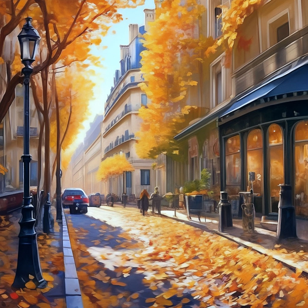 "Paris, autumn city street, fallen leaves, sunny weather, delicate ...