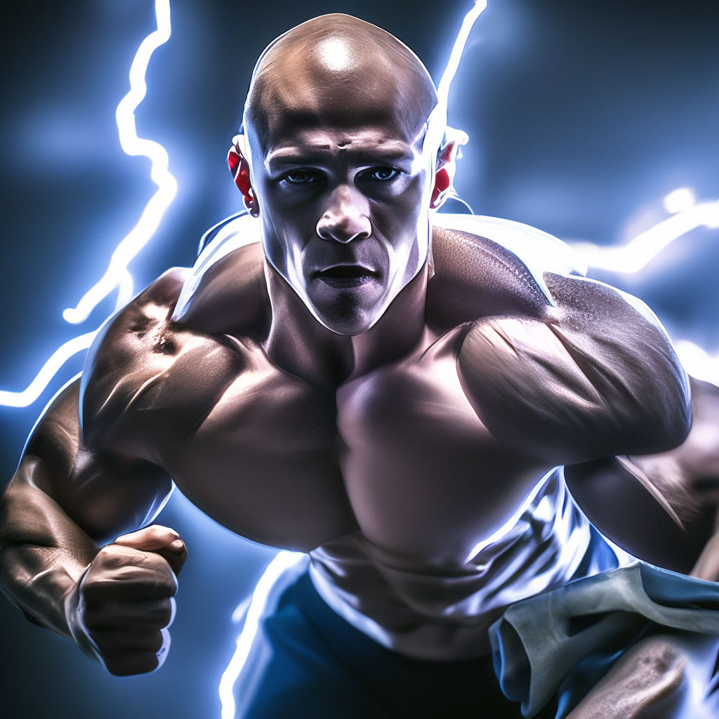 "White flash bodybuilder runs lightning, 4k, professional photo, f/2.8 ...