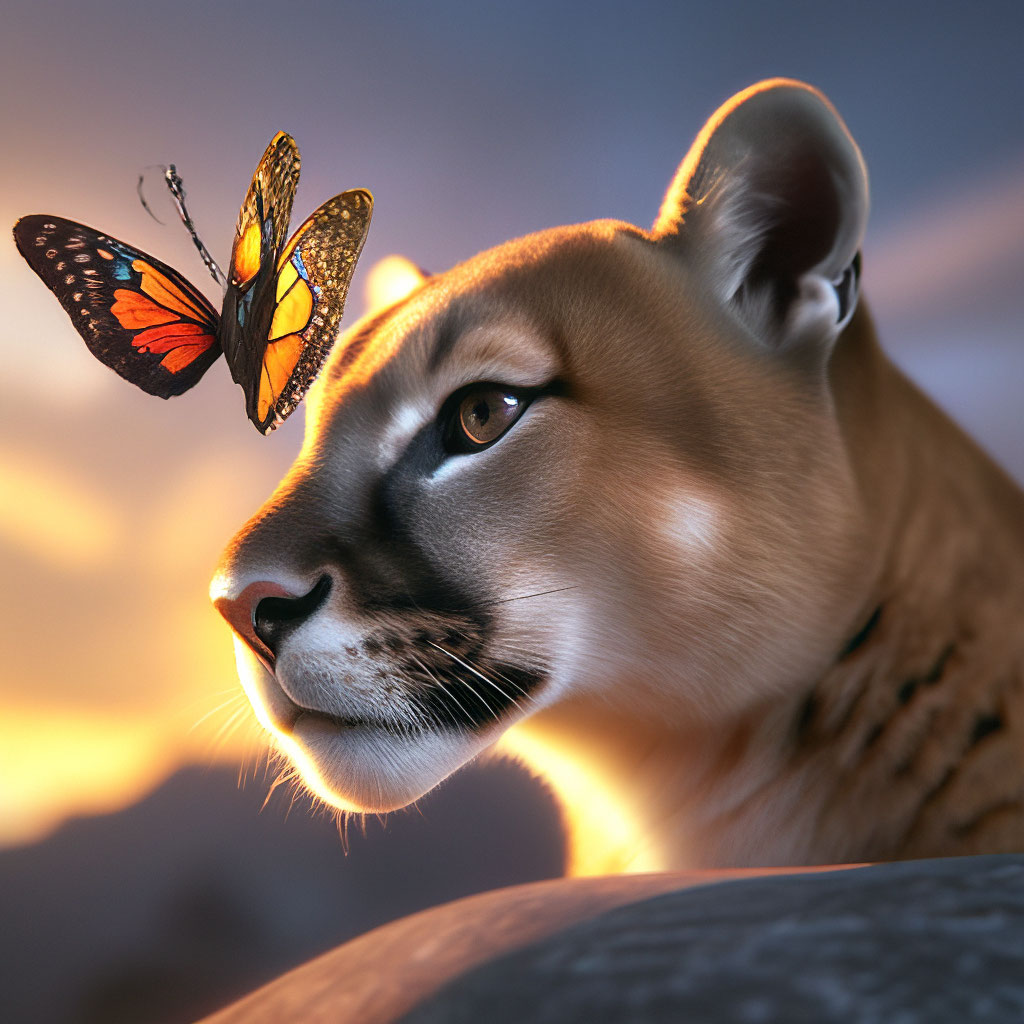"The puma looks at the butterfly sitting on his nose, butterfly lives ...