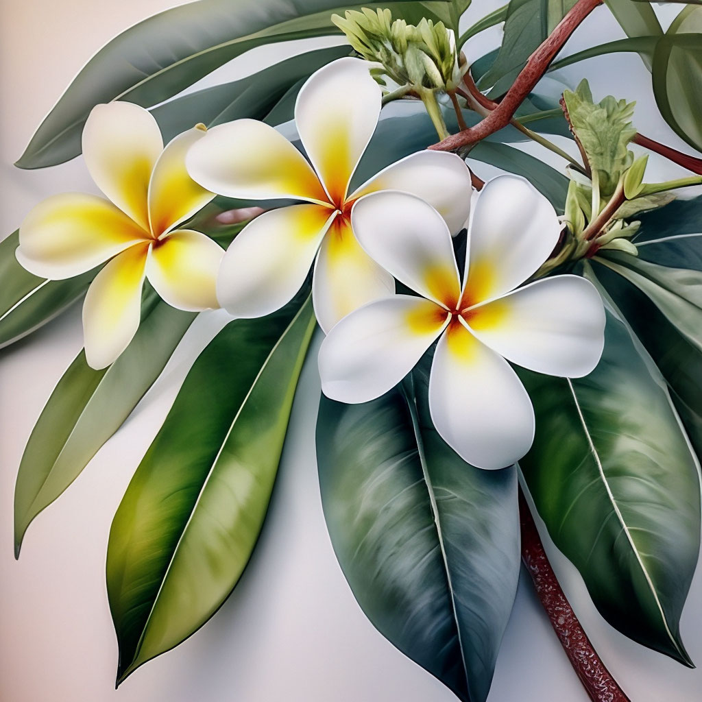 "A branch of flowering frangipani, a color drawing in the style of ...