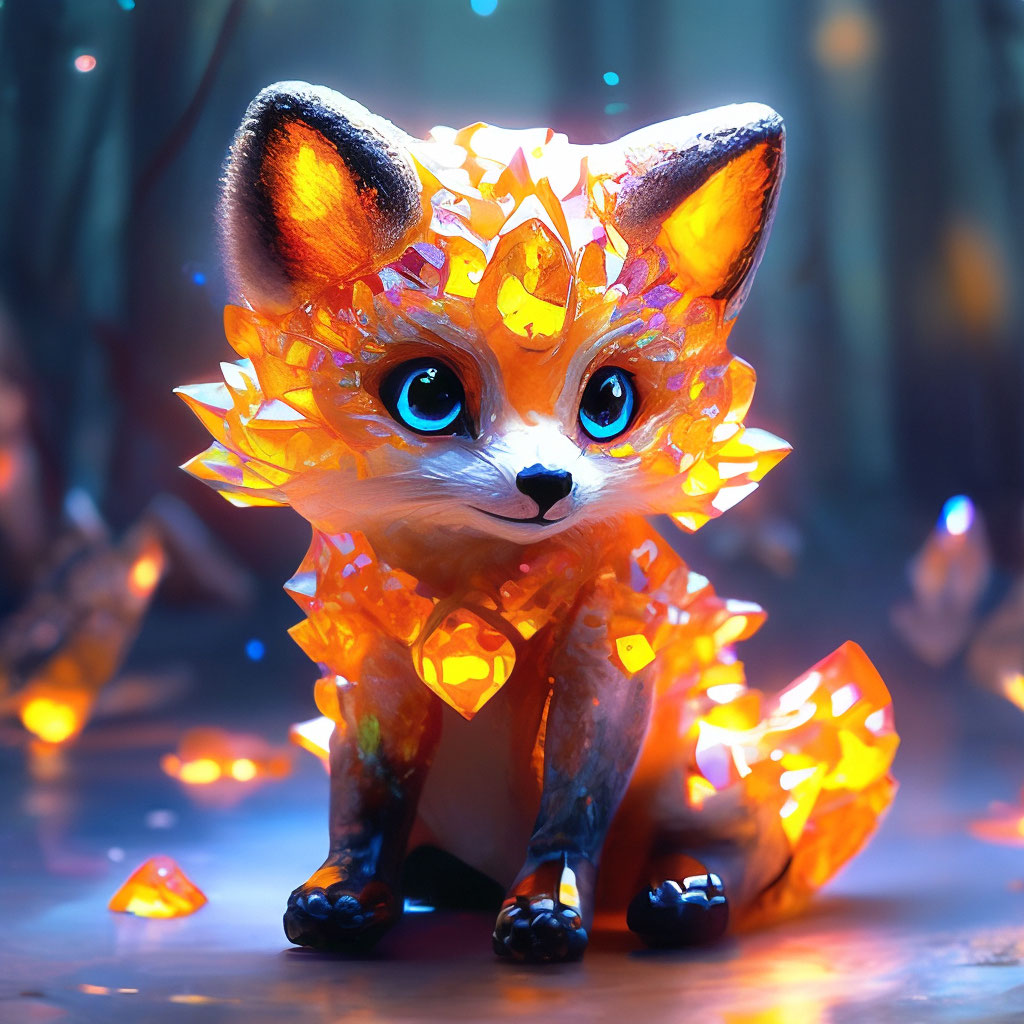 "Surrealism, art, small, cute, bright, fox cub, neon, amber, iridescent ...