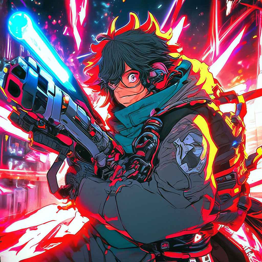 "Anime guy stands with a minigun, shoots somewhere behind the camera ...