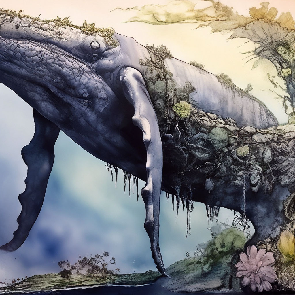 "Watercolor + black ink sketch an ancient Gothic humpback whale (in the ...