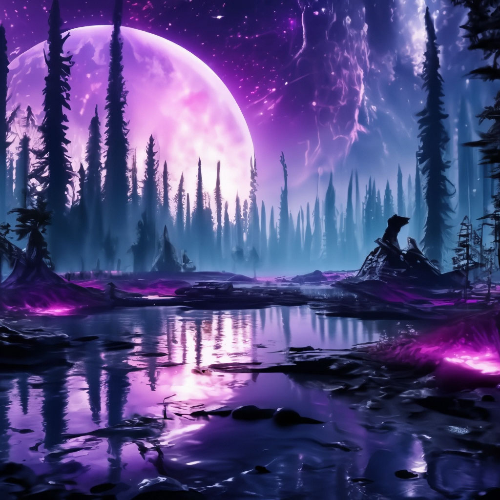 "Dark fantasy forest, on an alien planet,an entire galaxy is visible in ...