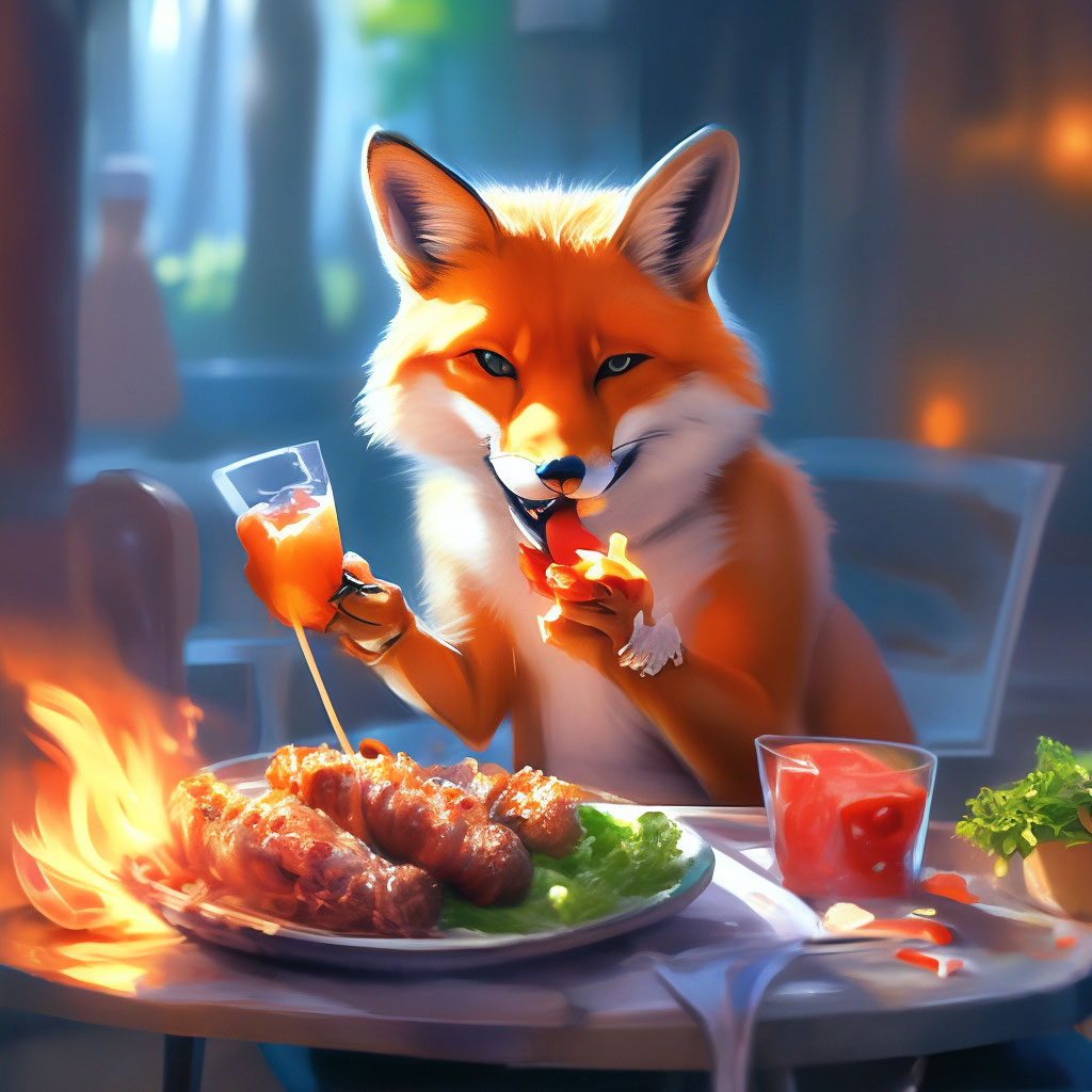 "A fox eats a kebab" — image created in Shedevrum