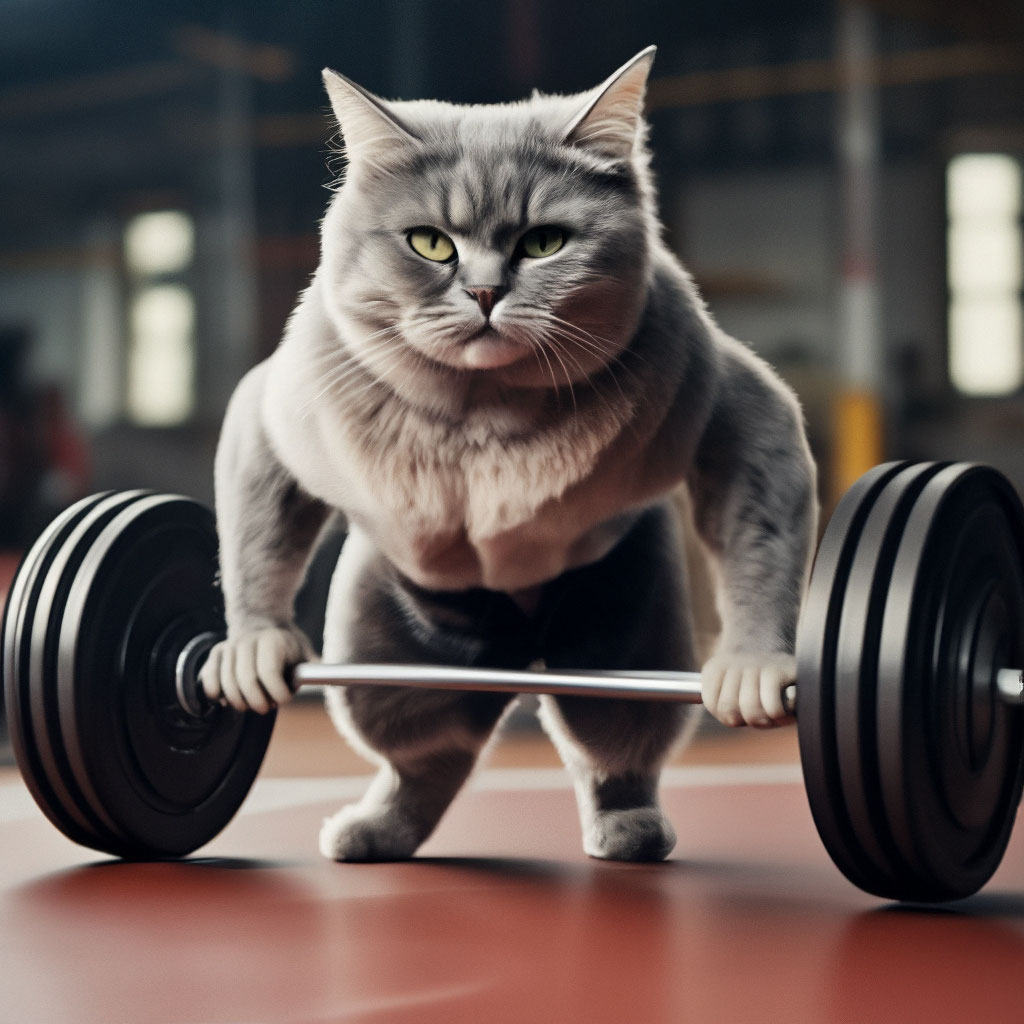 "🐈‍⬛ cool cat heavyweight, weightlifter lifted a barbell on the carpet ...