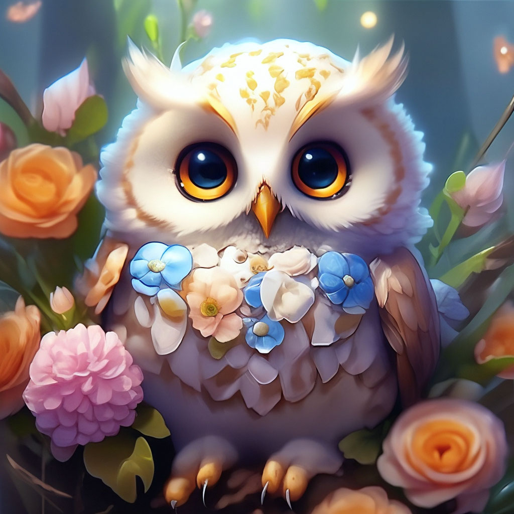 bouquet of little cute round owls big shiny eyes art fantasy art ...