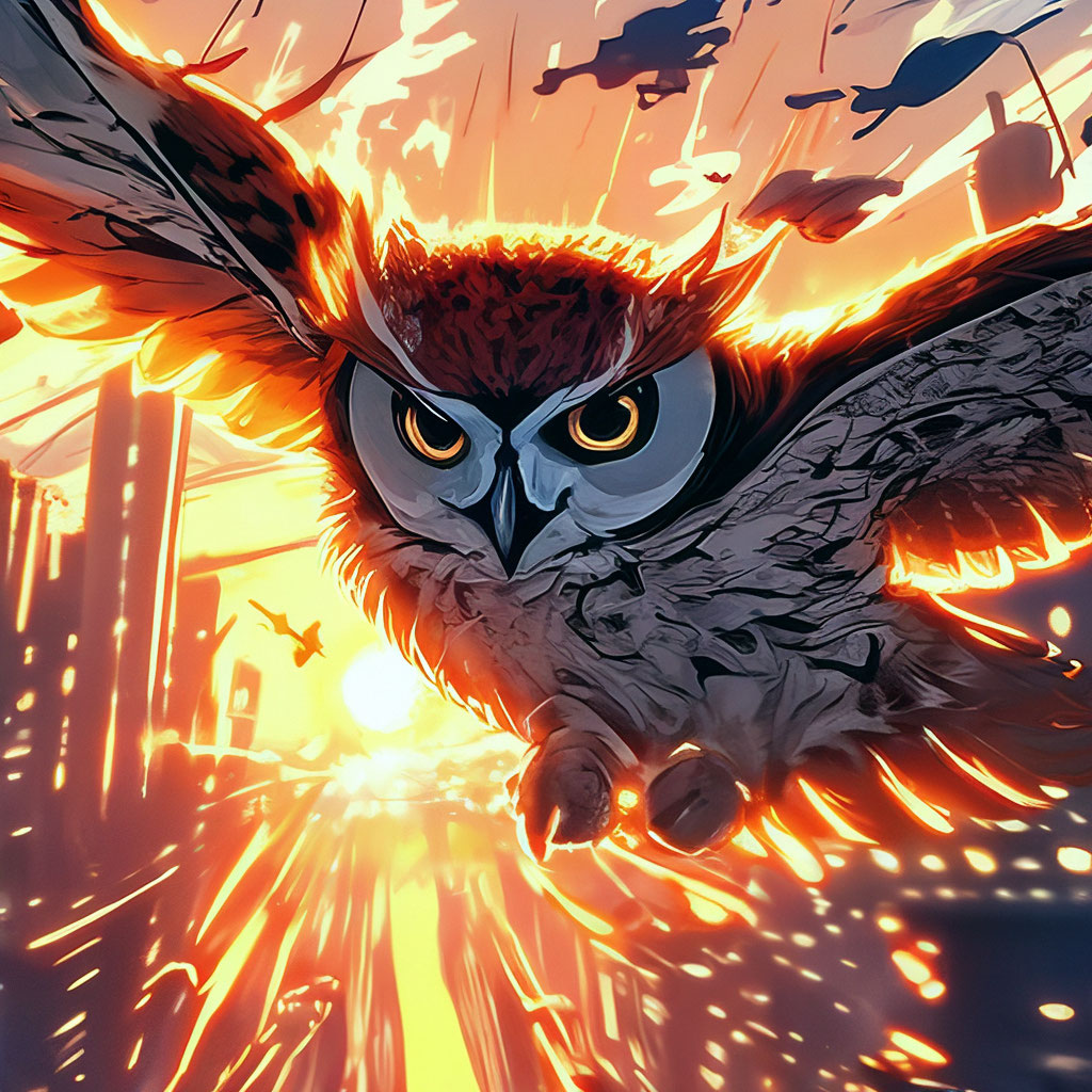 "A fiery owl flies over the city" — image created in Shedevrum