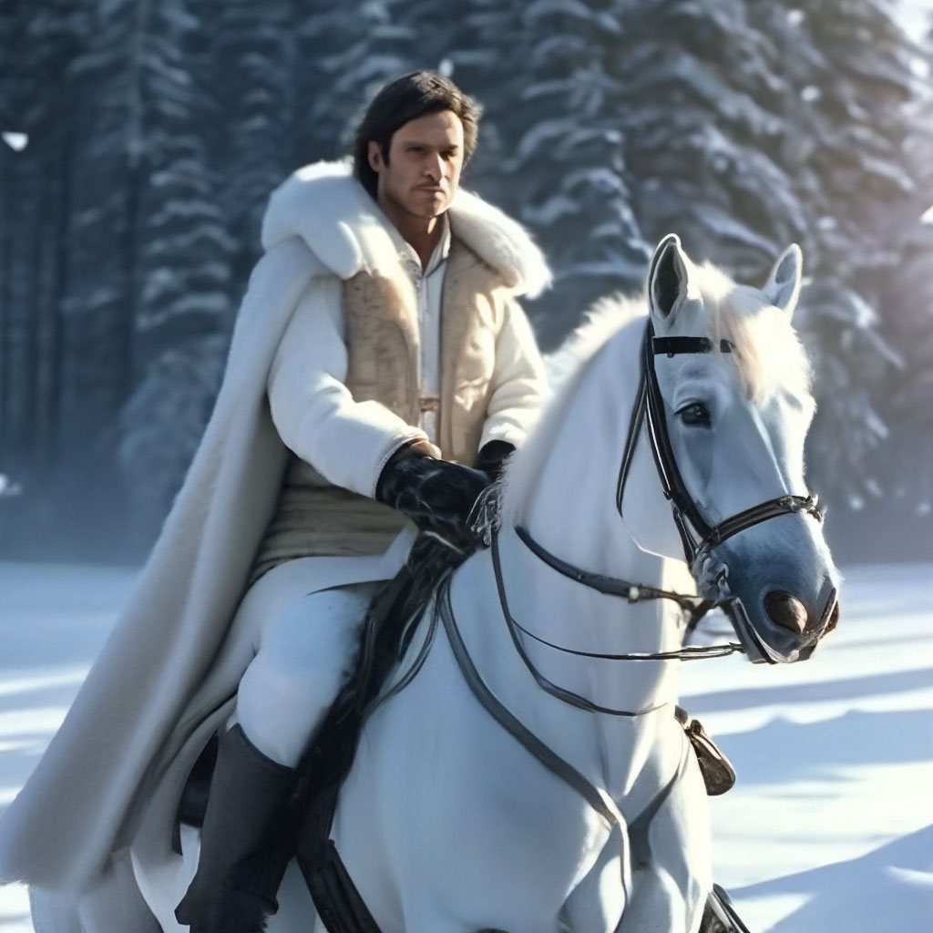 "Man Hyperrealism, a very handsome man riding a white zealous horse ...
