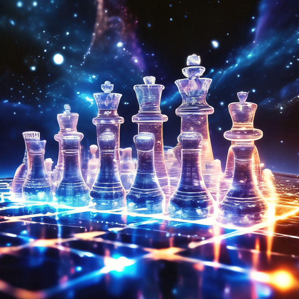 "Cosmic chess pieces inside a luminous galactic wave+magic dust, glow ...