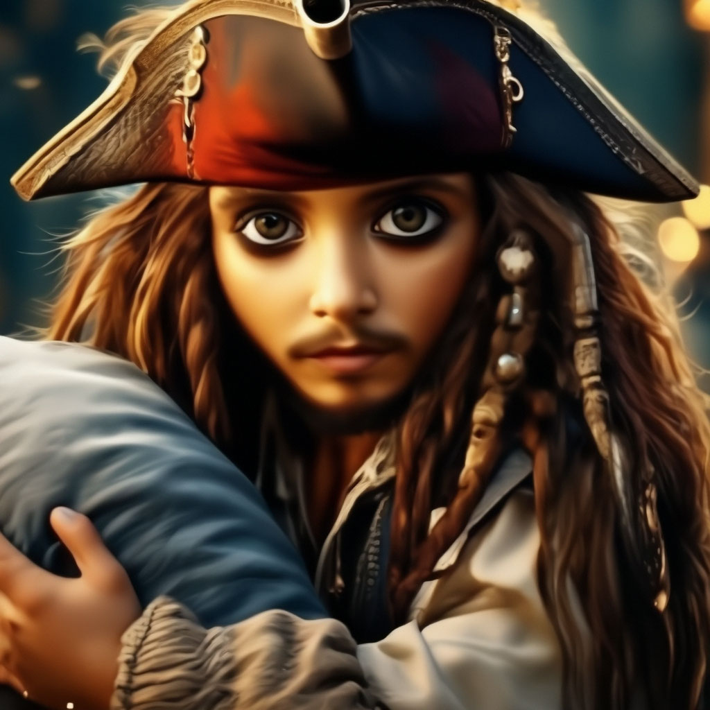 "Little cute Jack sparrow hugs a pillow, big eyes, sparkles, fantasy ...