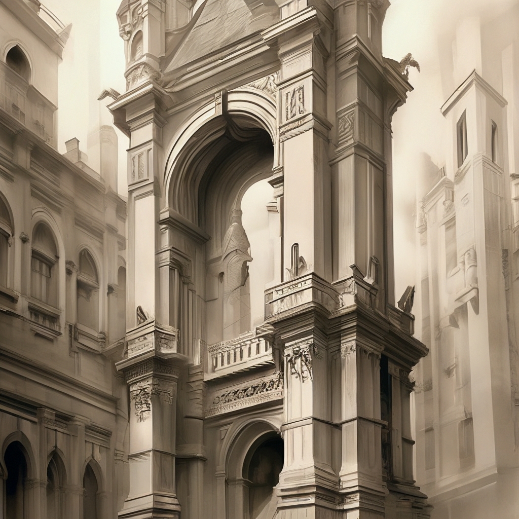 "Letter A with elements of architecture, sepia watercolor+ink, computer ...
