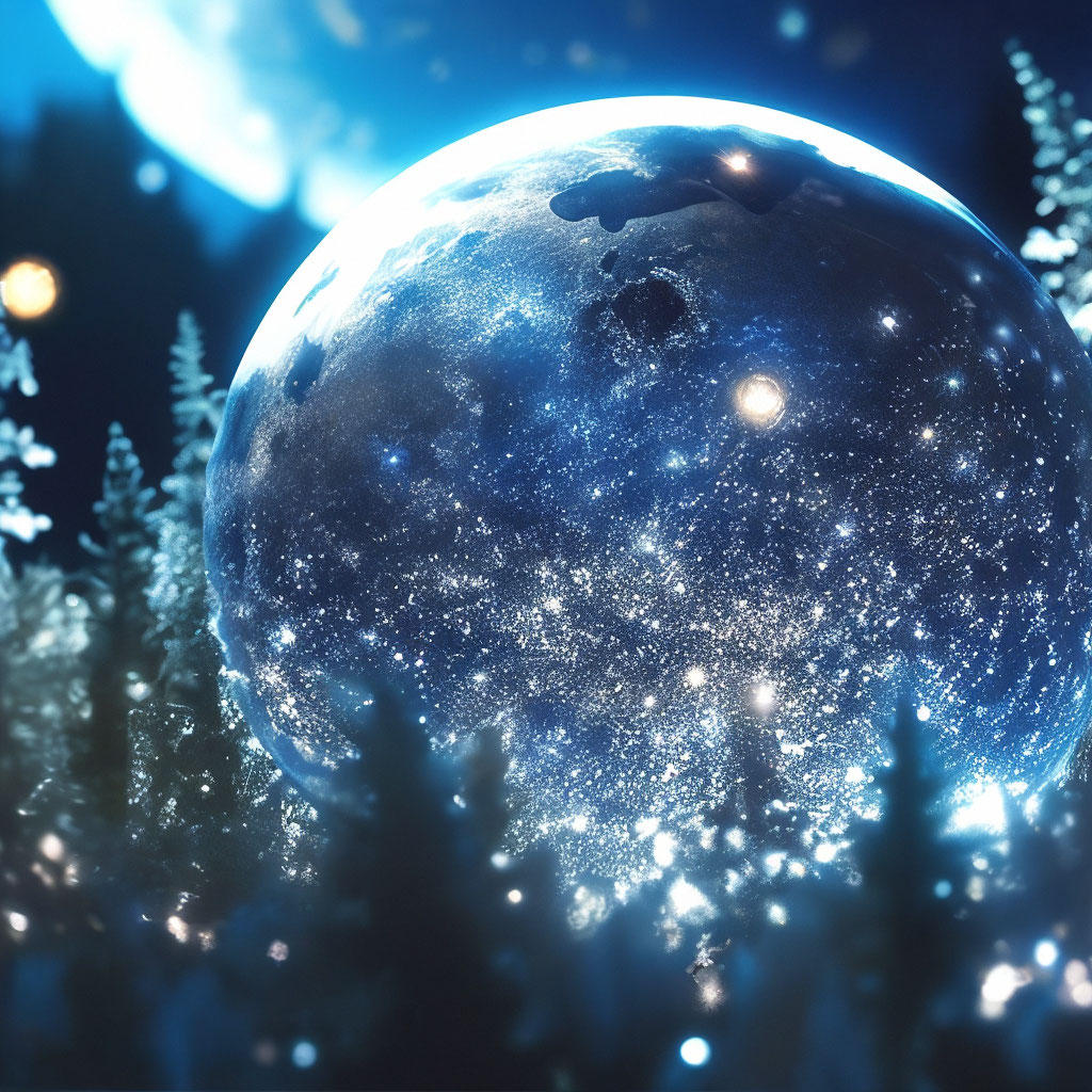 "Epic moon, glowing inside the cosmos, stars, galaxies, forest, clouds ...