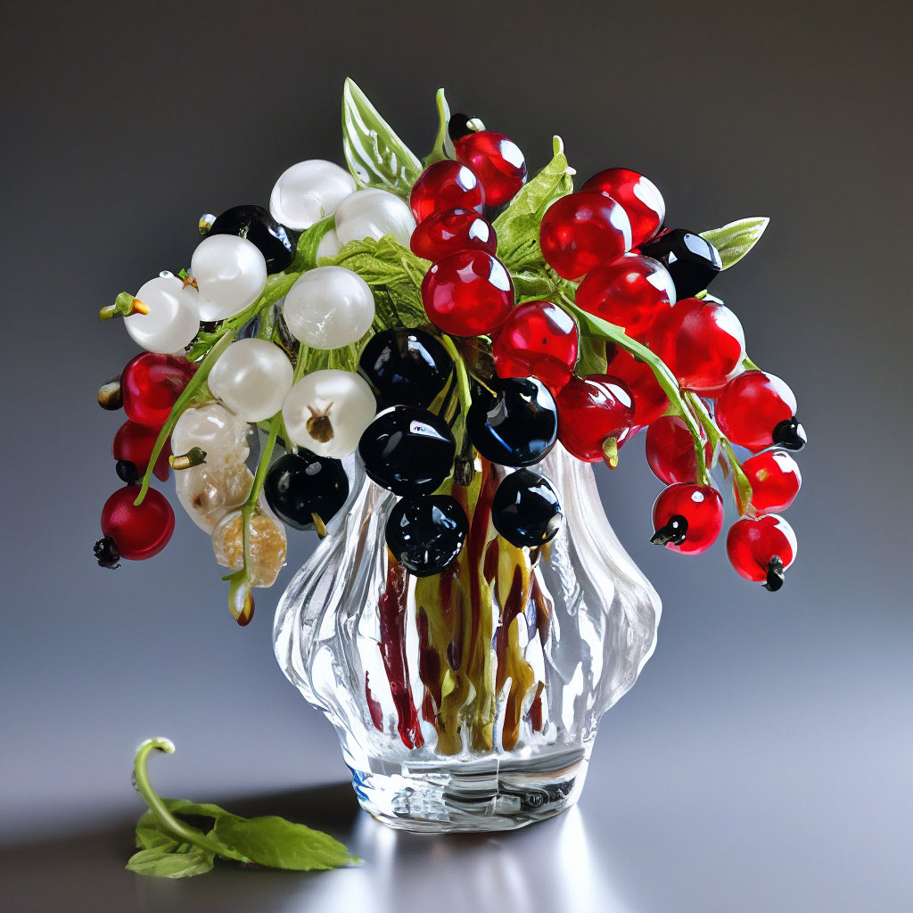 "Crystal berries, black white and red currants, in a crystal vase ...