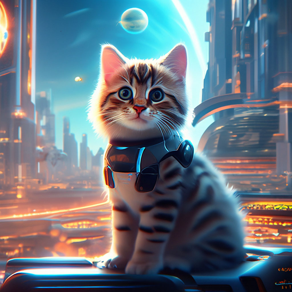 "A cat in the world of the future" — image created in Shedevrum