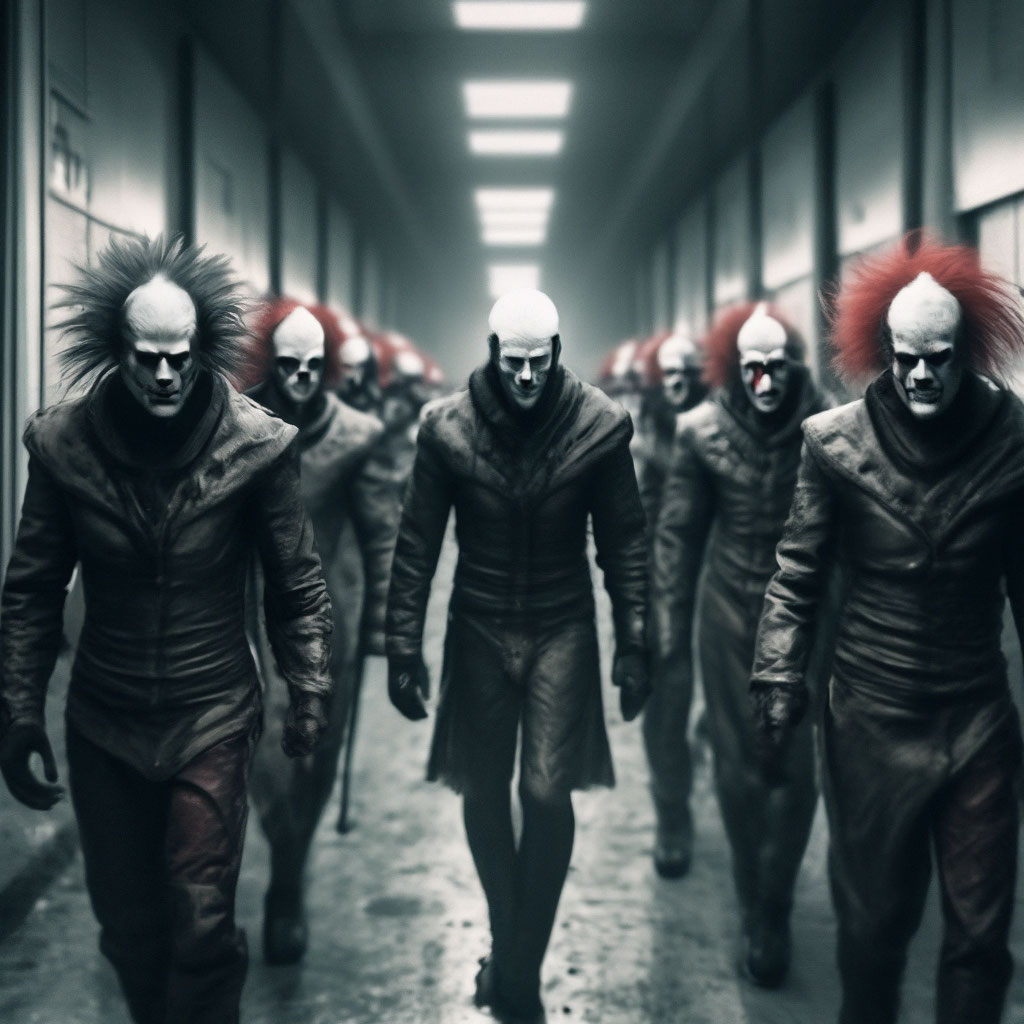 "A huge a_rmy of scary evil-looking clowns unlike each other are ...