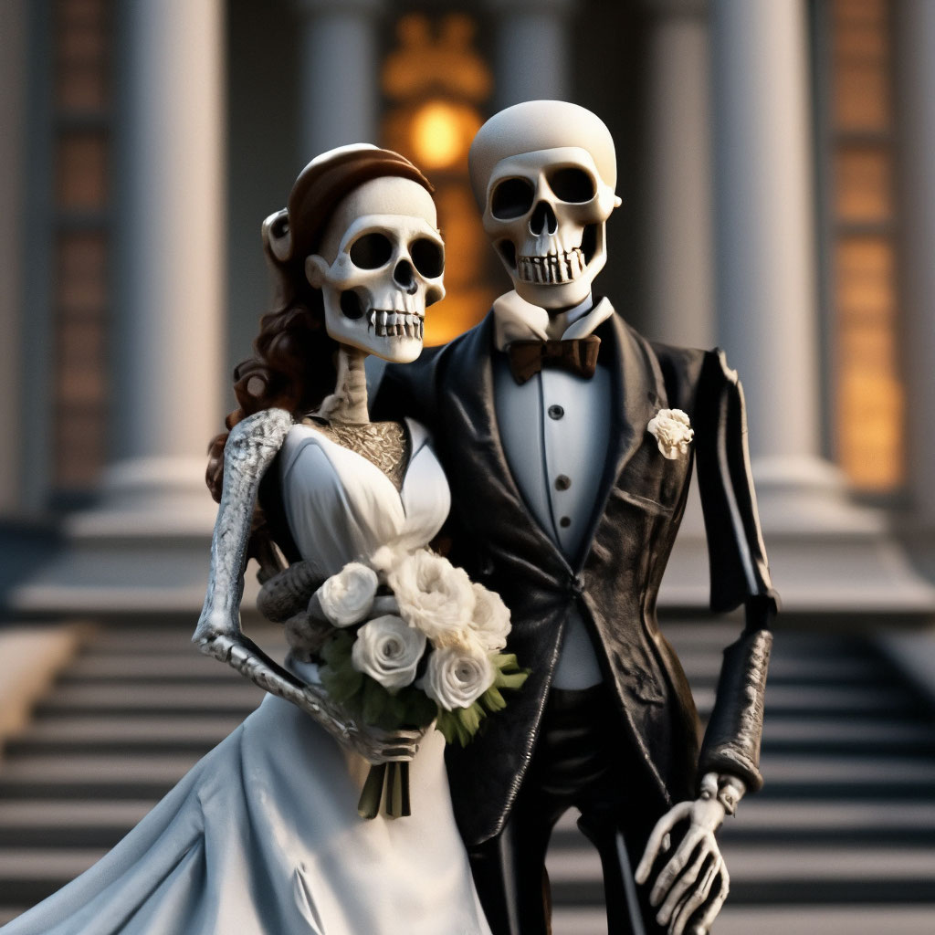 "A pair of skeletons in love for ever together, the bride and groom ...
