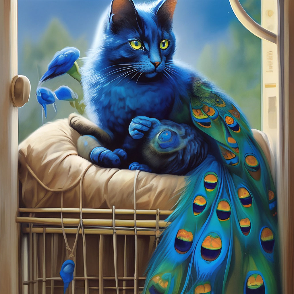 "A peacock cat, a cat sitting in a cage, hatching baby birds, a cat ...