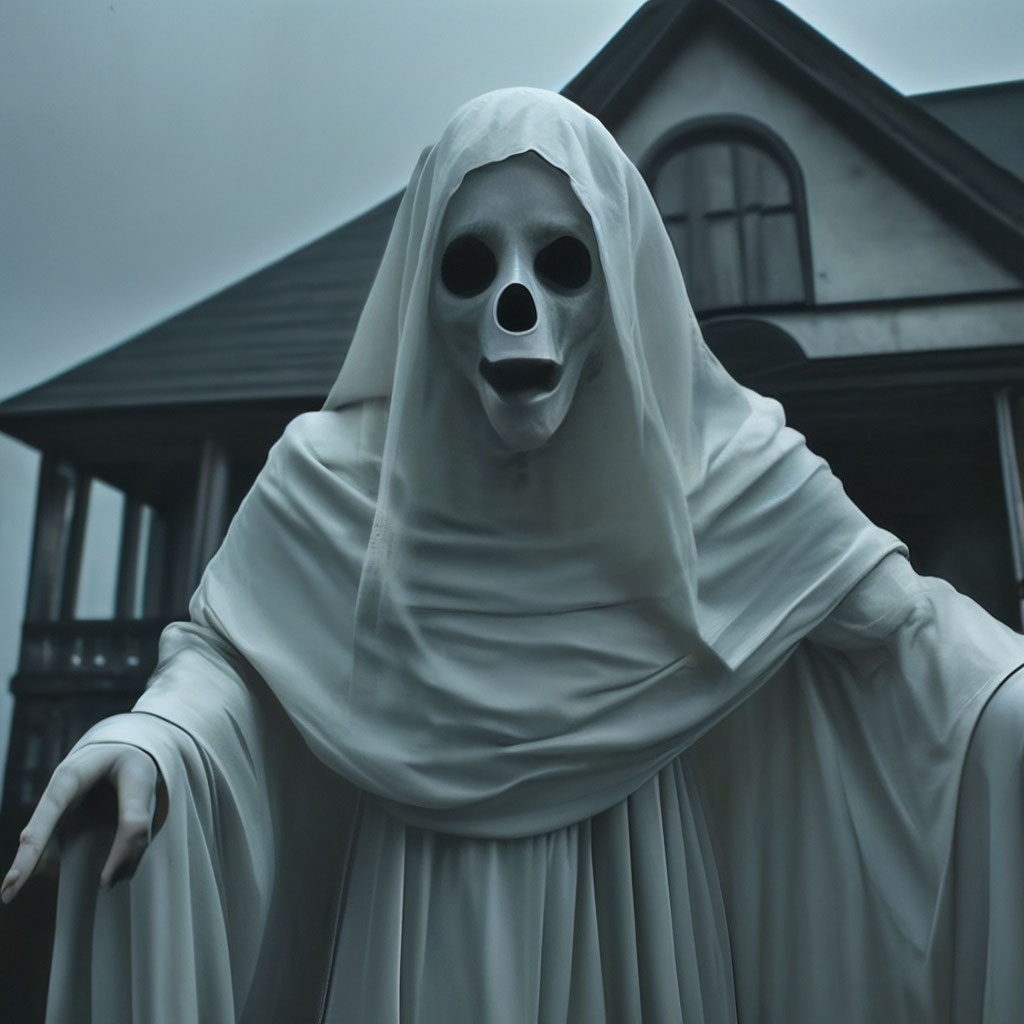 "Ghost in the house on the hill, ghost has big empty eyes, dark, horror ...