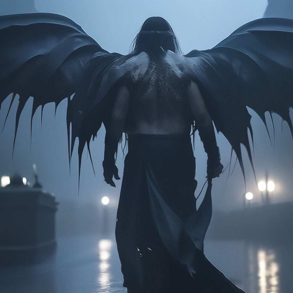 "Vampire long claws, fangs, wings, epic, night, rain, noir, heavy fog ...