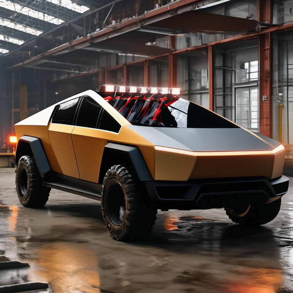 "Tesla Cybertruck in construction colors in an abandoned factory ...