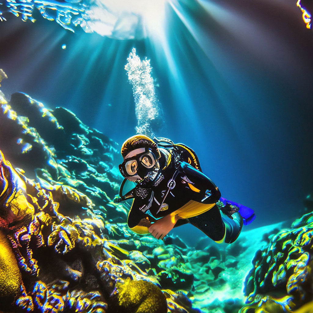 "Scuba diver swims in beautiful water high quality spot lighting ...