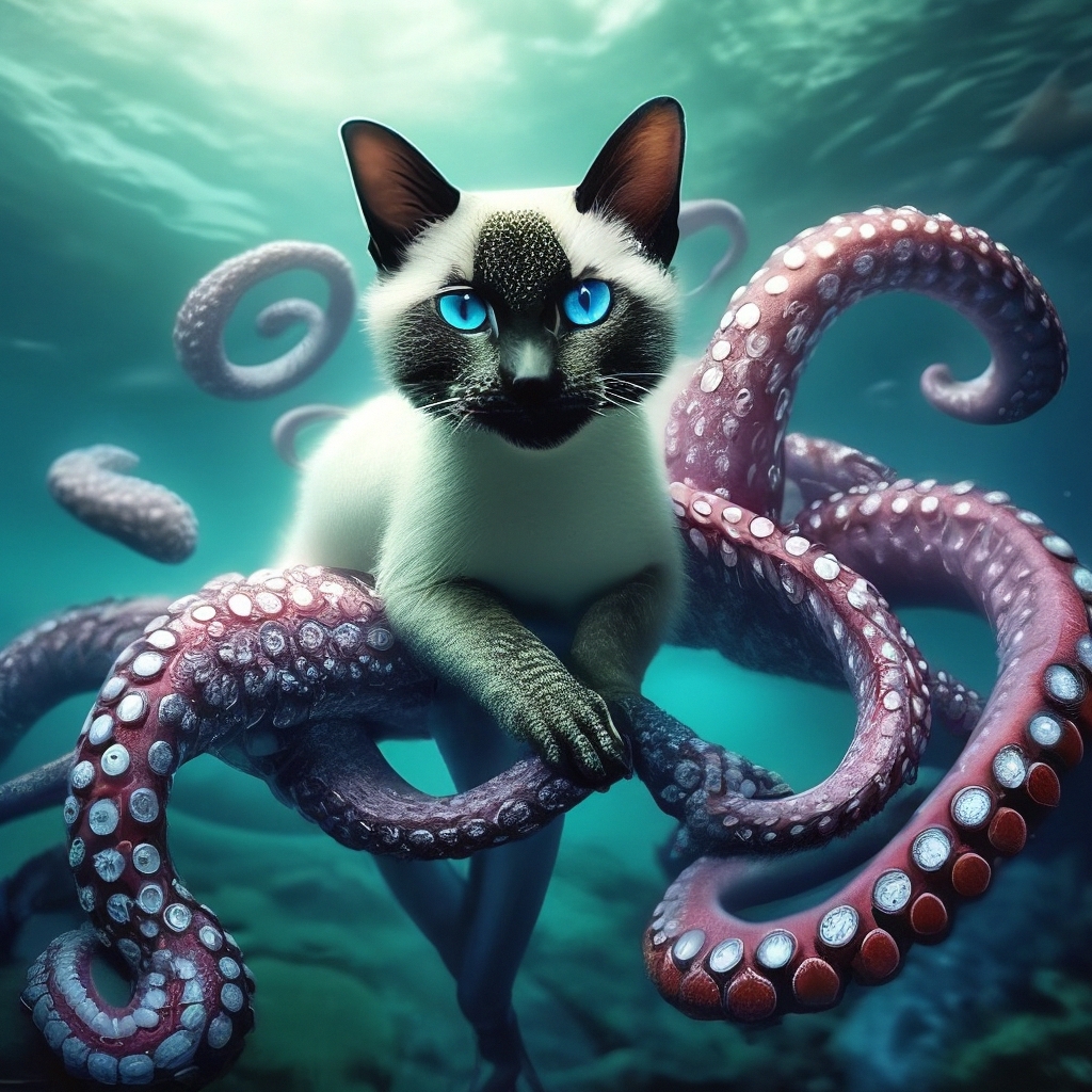 "A hybrid of a Siamese cat and an octopus at the bottom of the sea ...