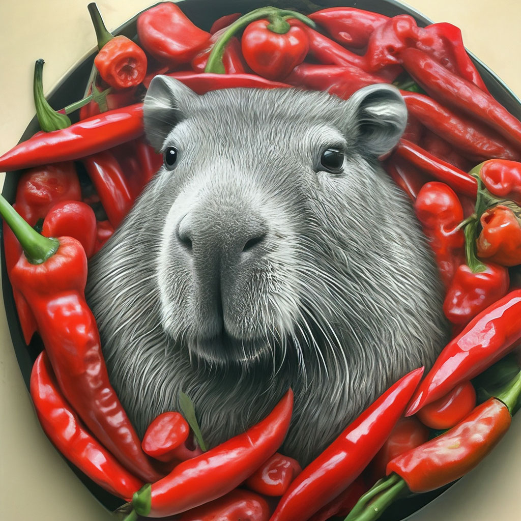 "Capybara in chili peppers and cabbage" — image created in Shedevrum