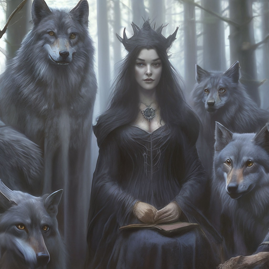 "Retro fantasy style, Gothic, art book, coven of wolf witches in the ...