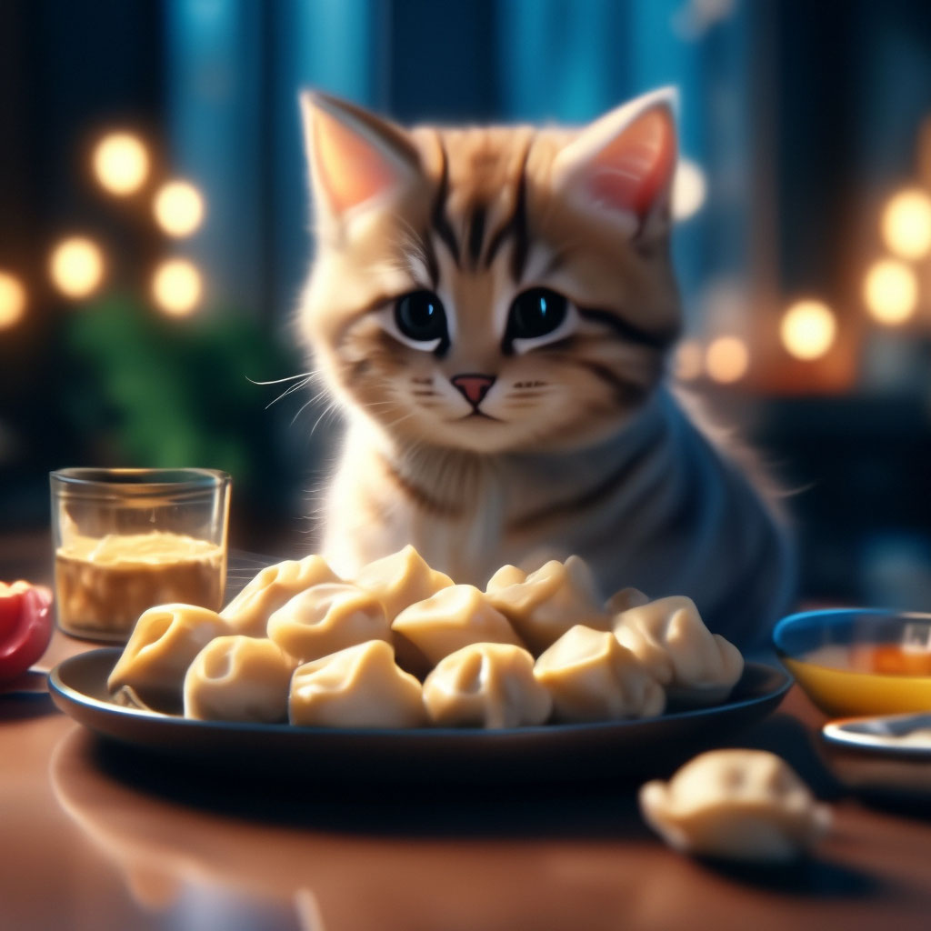 "Cute cat eats dumplings, 4k, realistic, beautiful, neon lighting ...