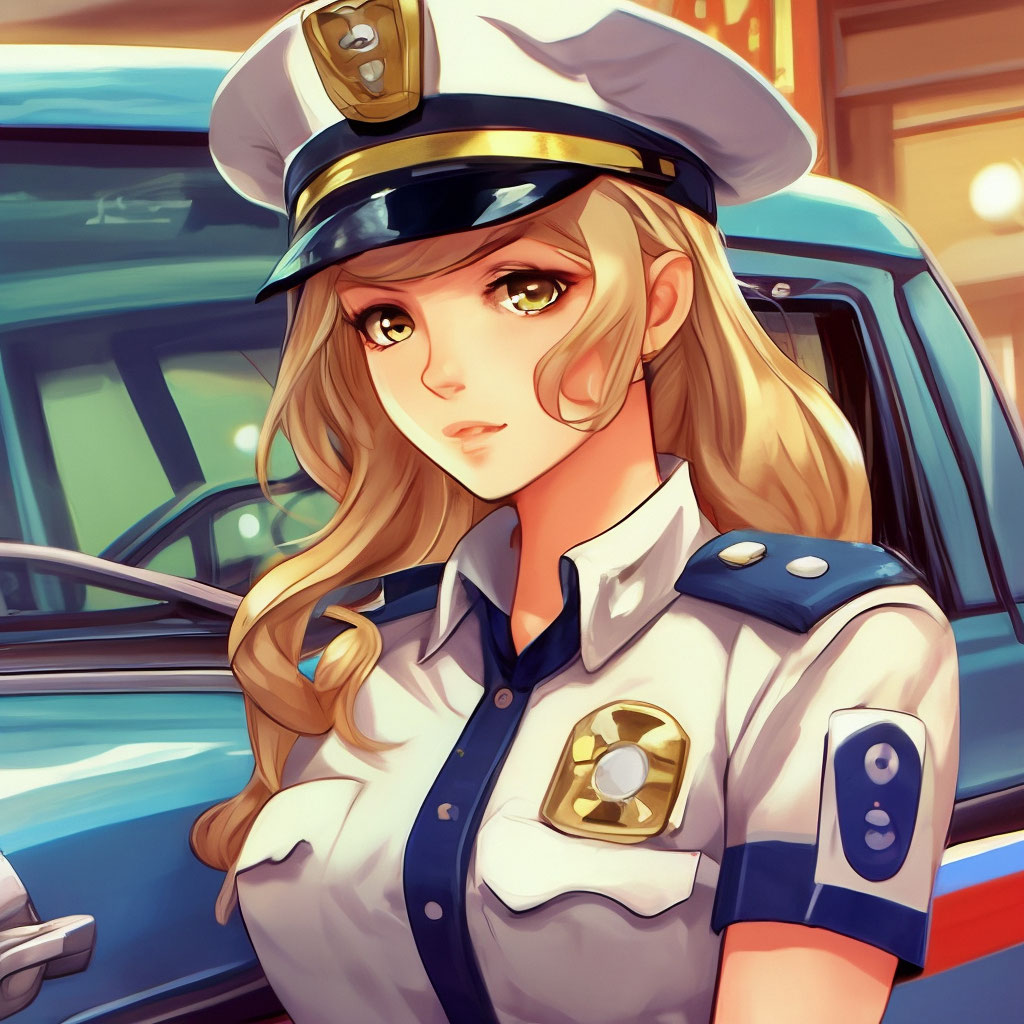 "Anime policewoman girl leaning against a police car, beautiful blonde ...
