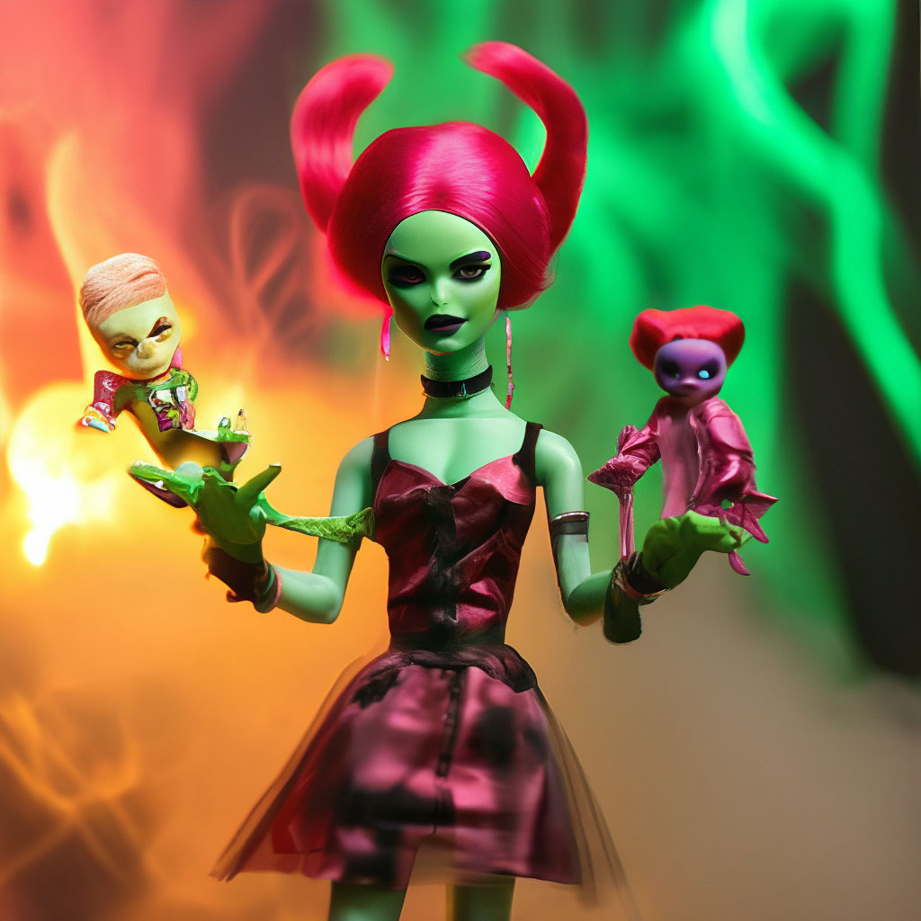 "The Barbie doll is scary against a background of green-red streaks and ...