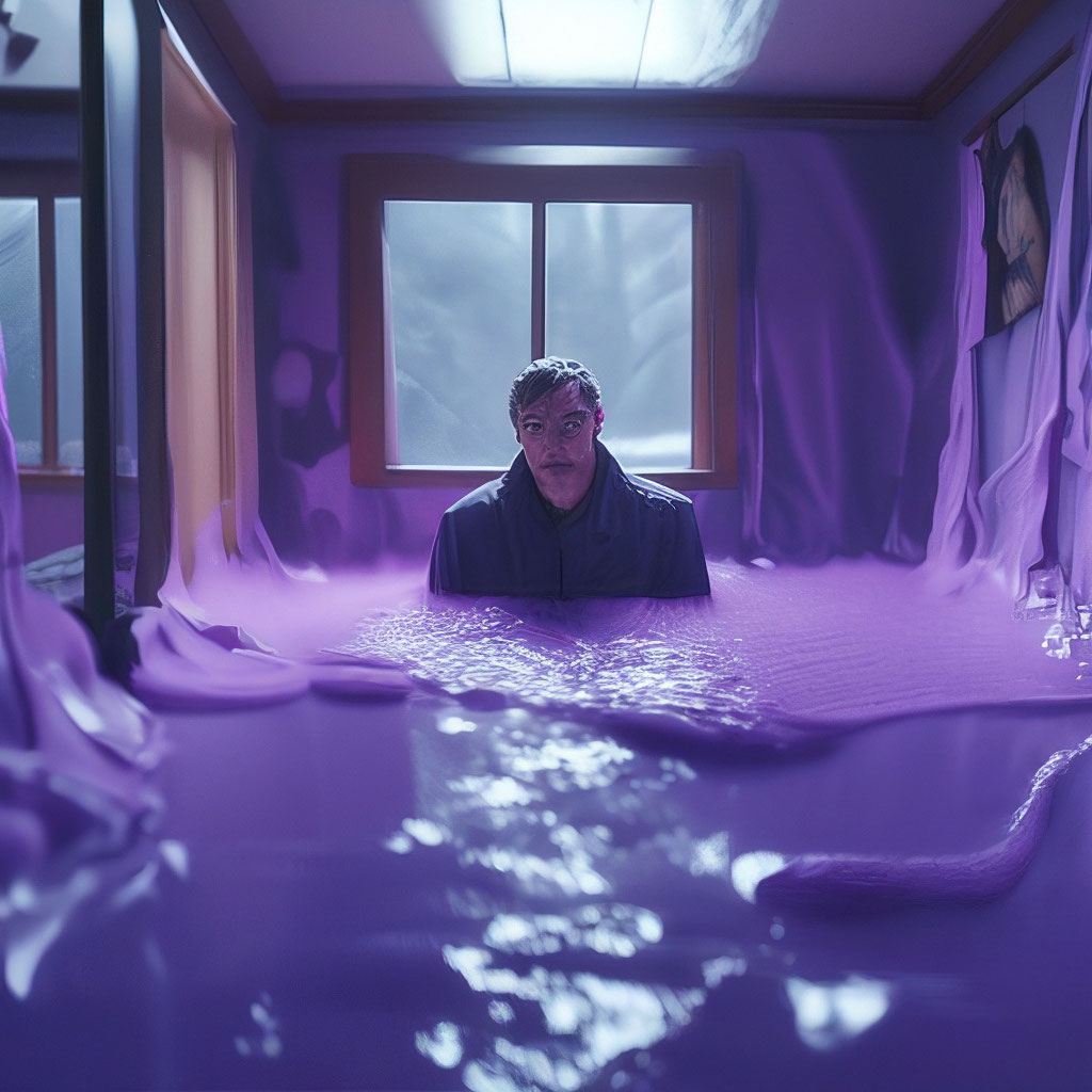 "A man with white eyes drowning in a puddle of thick purple slush in ...