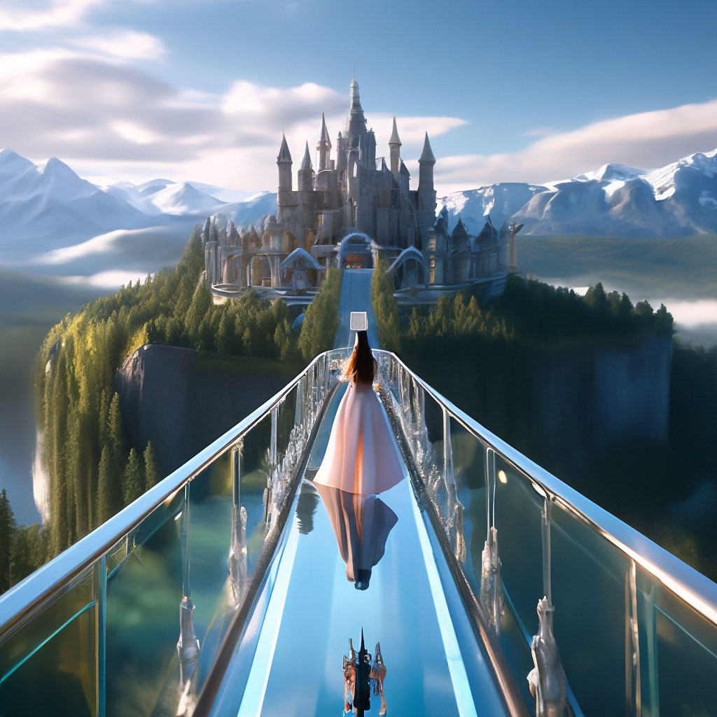 "Photo realistic. f/18. extended view of a castle of glass in a crystal ...