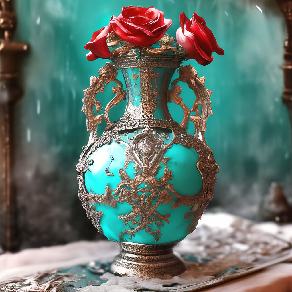 "Medieval turquoise vase with scarlet roses watercolor grunge+ silver ...