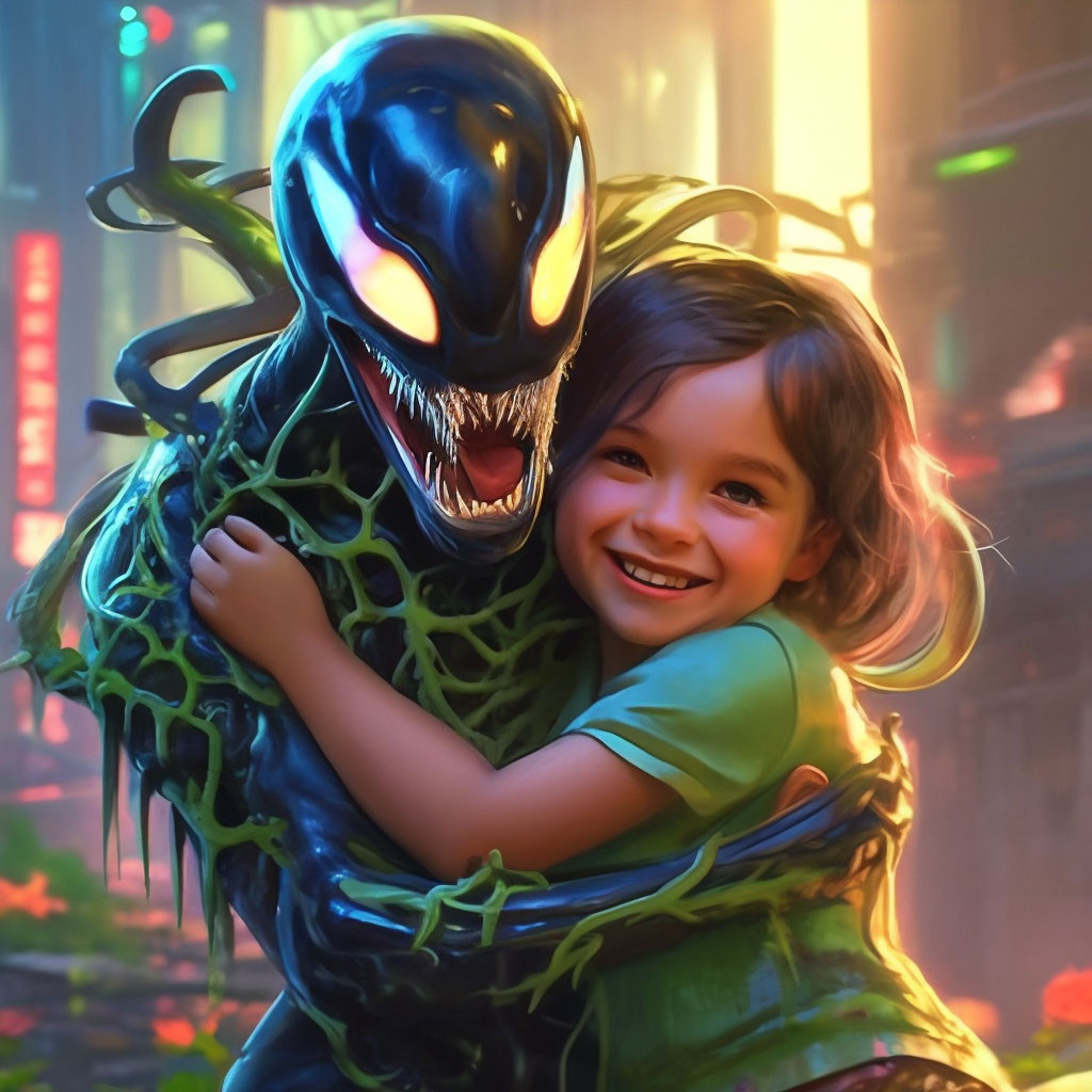 "A little cheerful girl hugs a cheerful Venom by the muzzle" — image ...