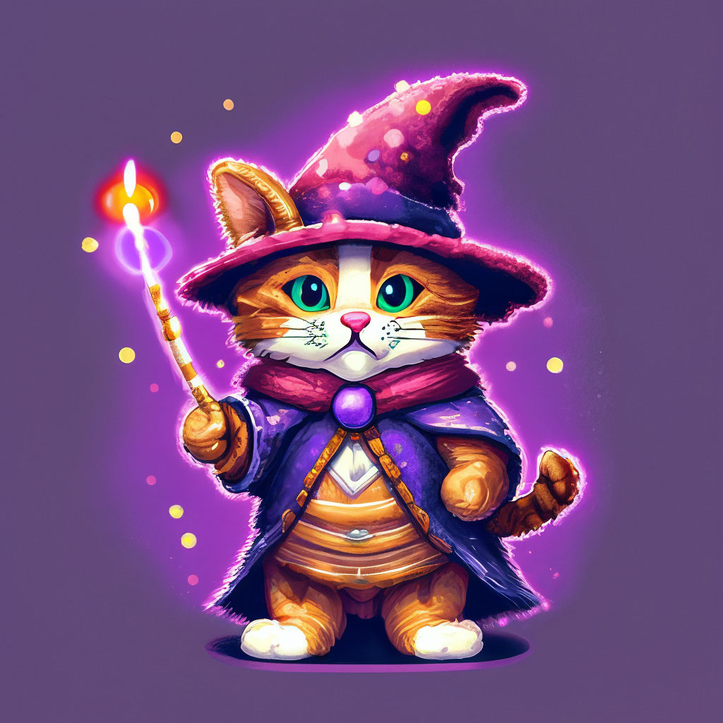 "Cat sorcerer with a magic wand in a hat" — image created in Shedevrum