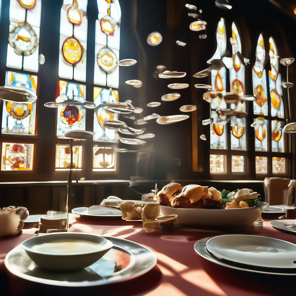 "Empty white plates magically fly in the air, there are plates with ...