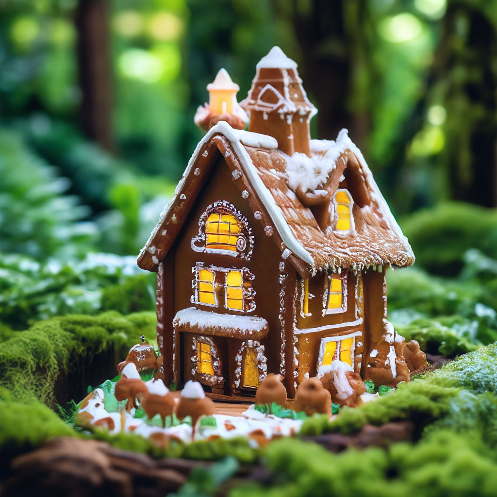 "Elegant brown gingerbread house in a green fairy forest" — image ...