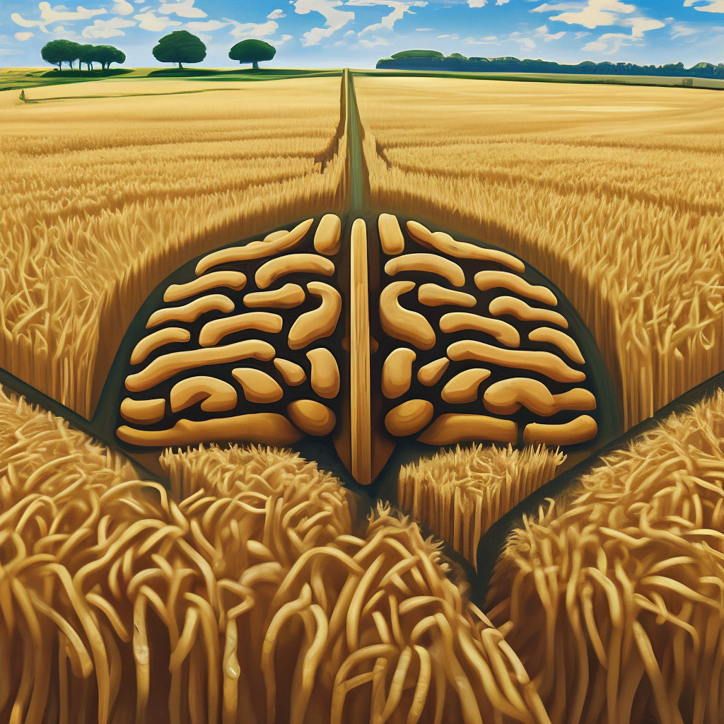 "Signs on wheat fields top view, signs in the form of a human brain top ...