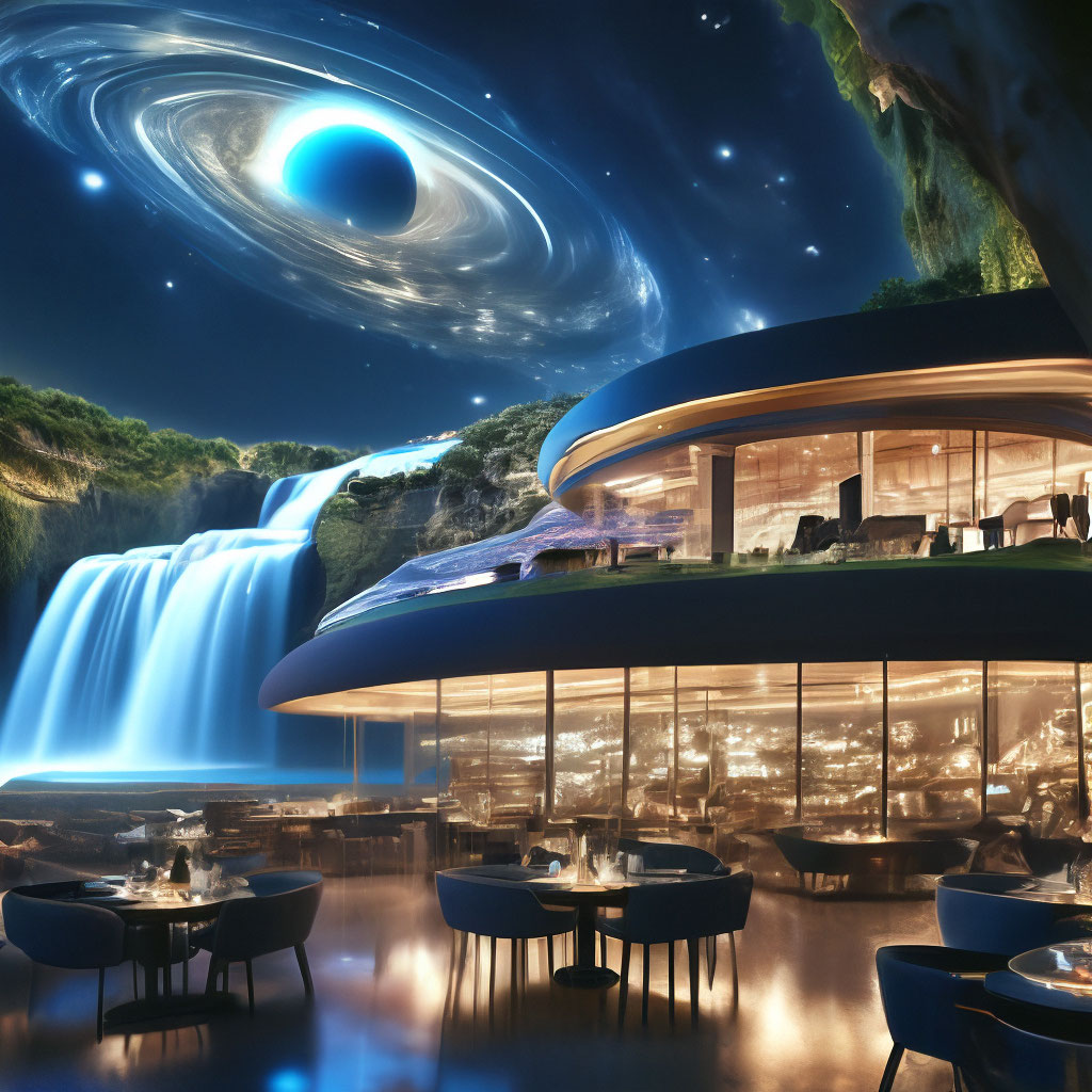 "A restaurant with a huge waterfall stands in the middle of the galaxy ...