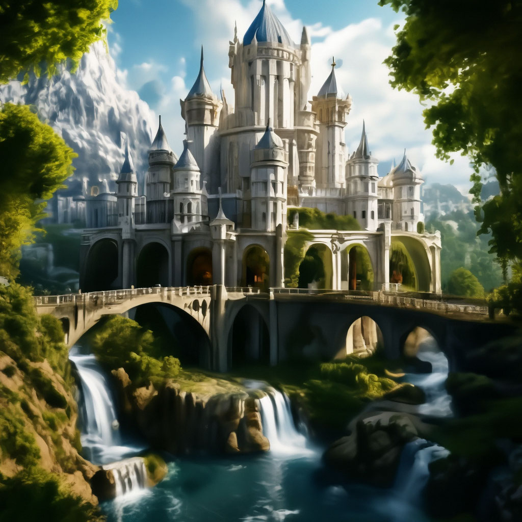 "Illustration of a beautiful elven castle in a rock white marble green ...