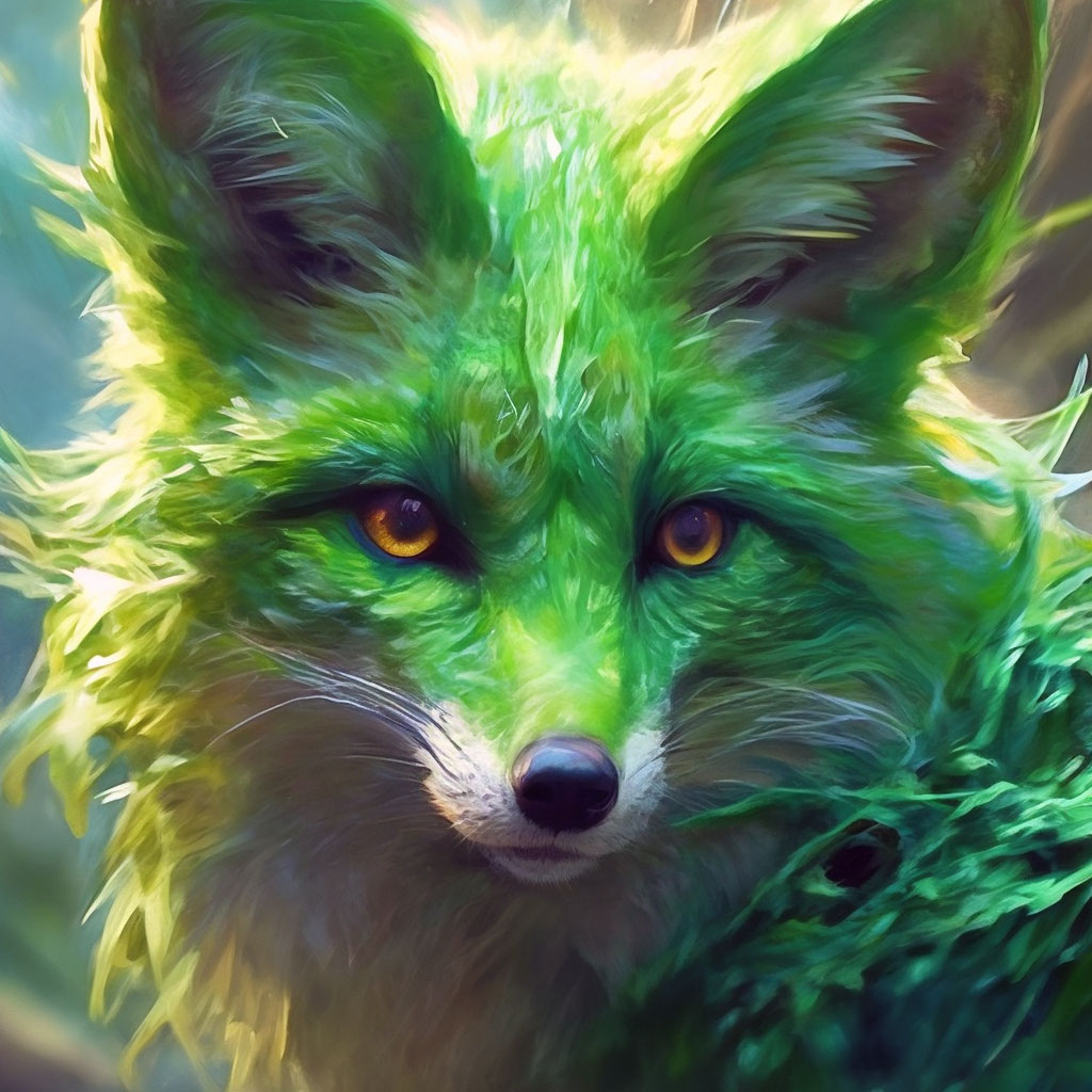 "Green green fox, close-up , fantasy style, hyperdetalization ...