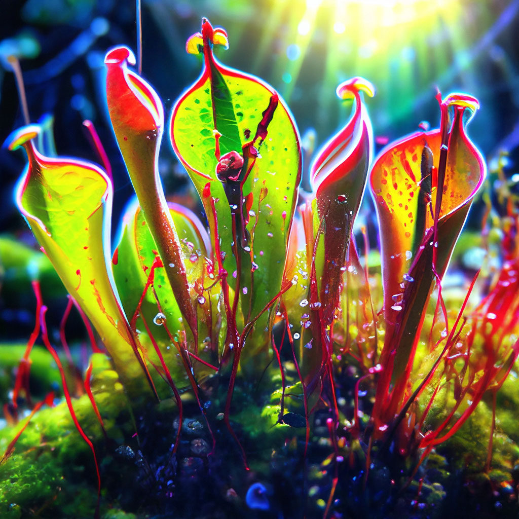 "Heliamphora, clear lines, grass, moss, necrosurrealism, hyperrealism ...