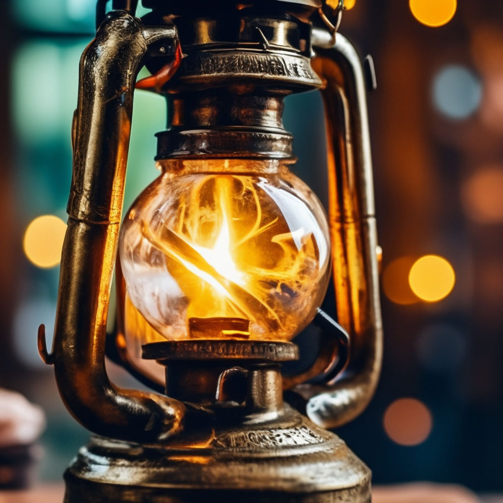 "Antique kerasin lamp close-up, burning with an ominous fire, fireflies ...