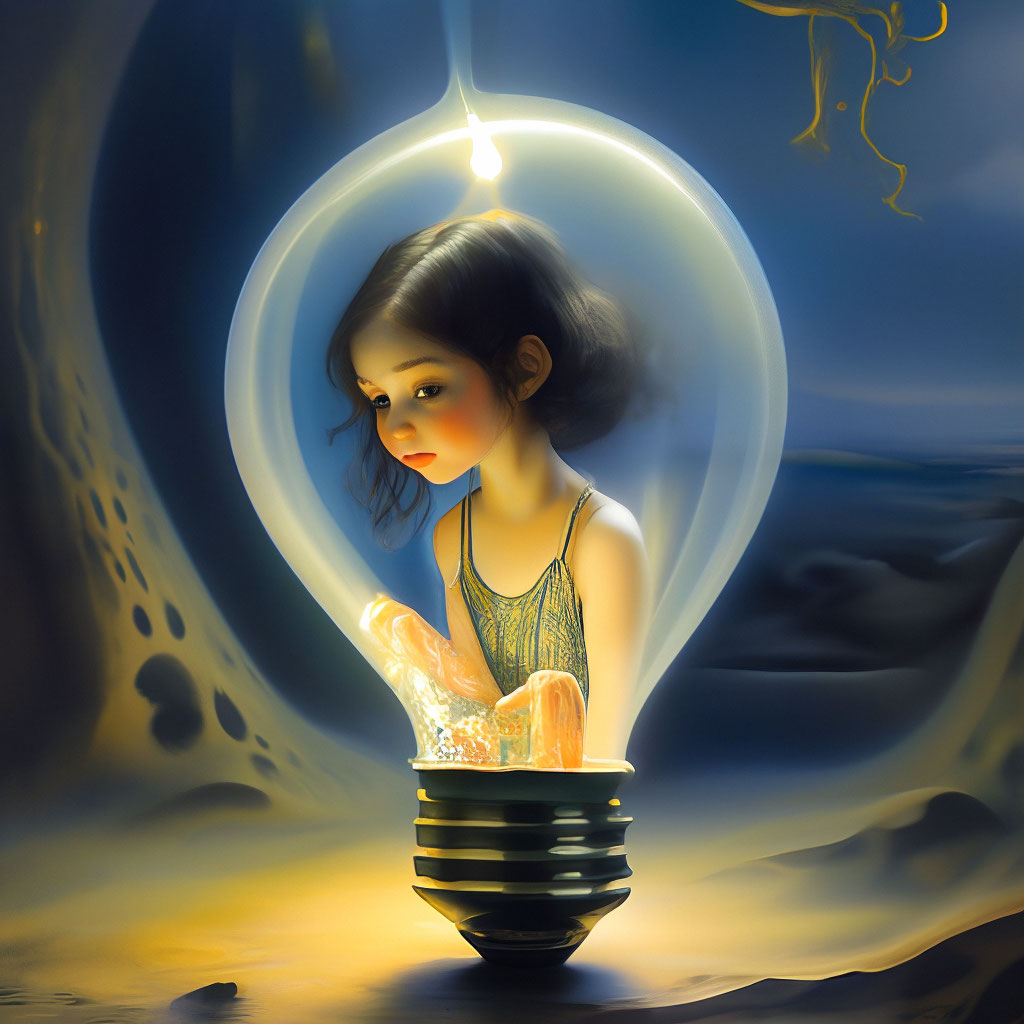 "The girl is inside a light bulb and glows, in the style of Dali ...