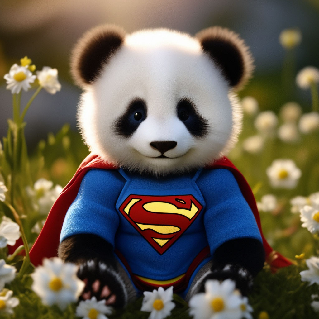 "Realistic tiny fluffy panda cub + Superman, Superman costume, sitting ...