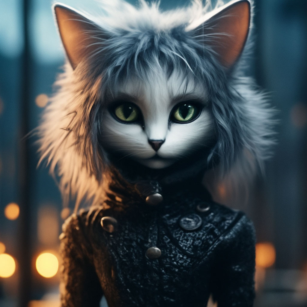 "Furry anthropomorphic cat, in a black dress, in the style of tim ...