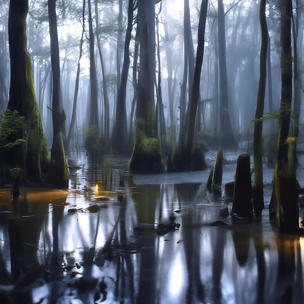 "Scary quagmire,swamp,lights, beautiful, realistic, professional photo ...