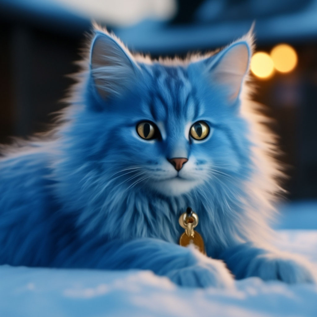 "Hyperrealistic small very fluffy blue cat with a medal lying on the ...